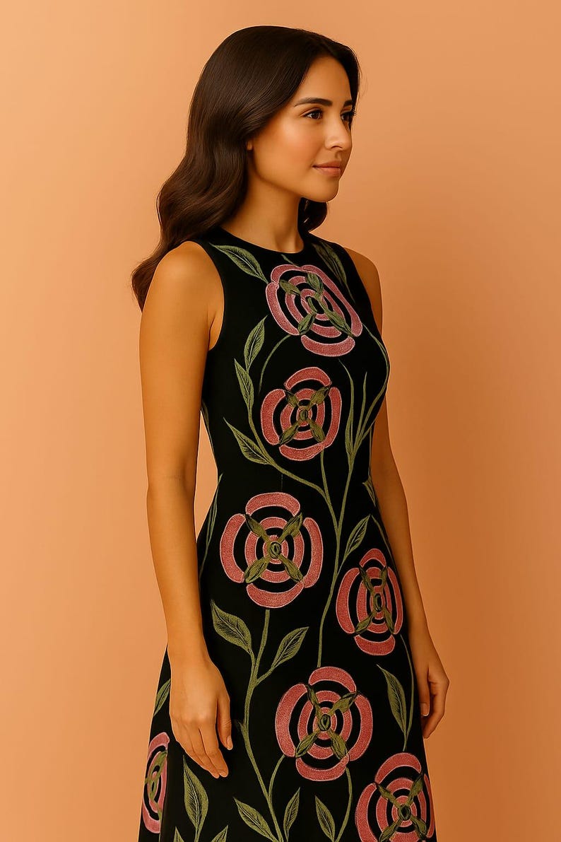 Black Sleeveless Floral Embroidered Dress | Elegant A-line Midi | Boho ...