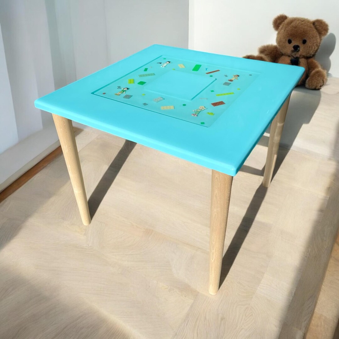 Blue Kids Play Table With LEGO Bricks in Epoxy Resin | Handmade Nursery ...