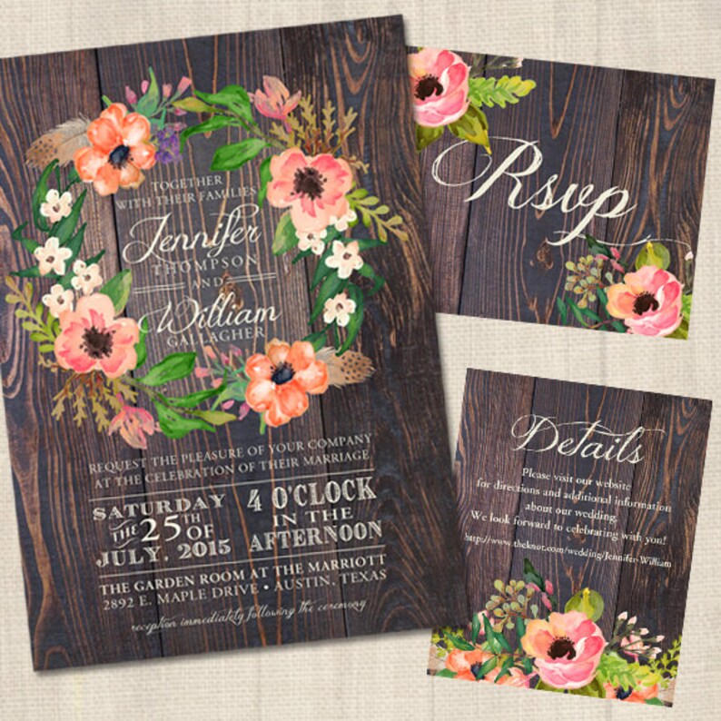 Rustic Flowers Wedding Invitation Set With RSVP Card Insert - Etsy