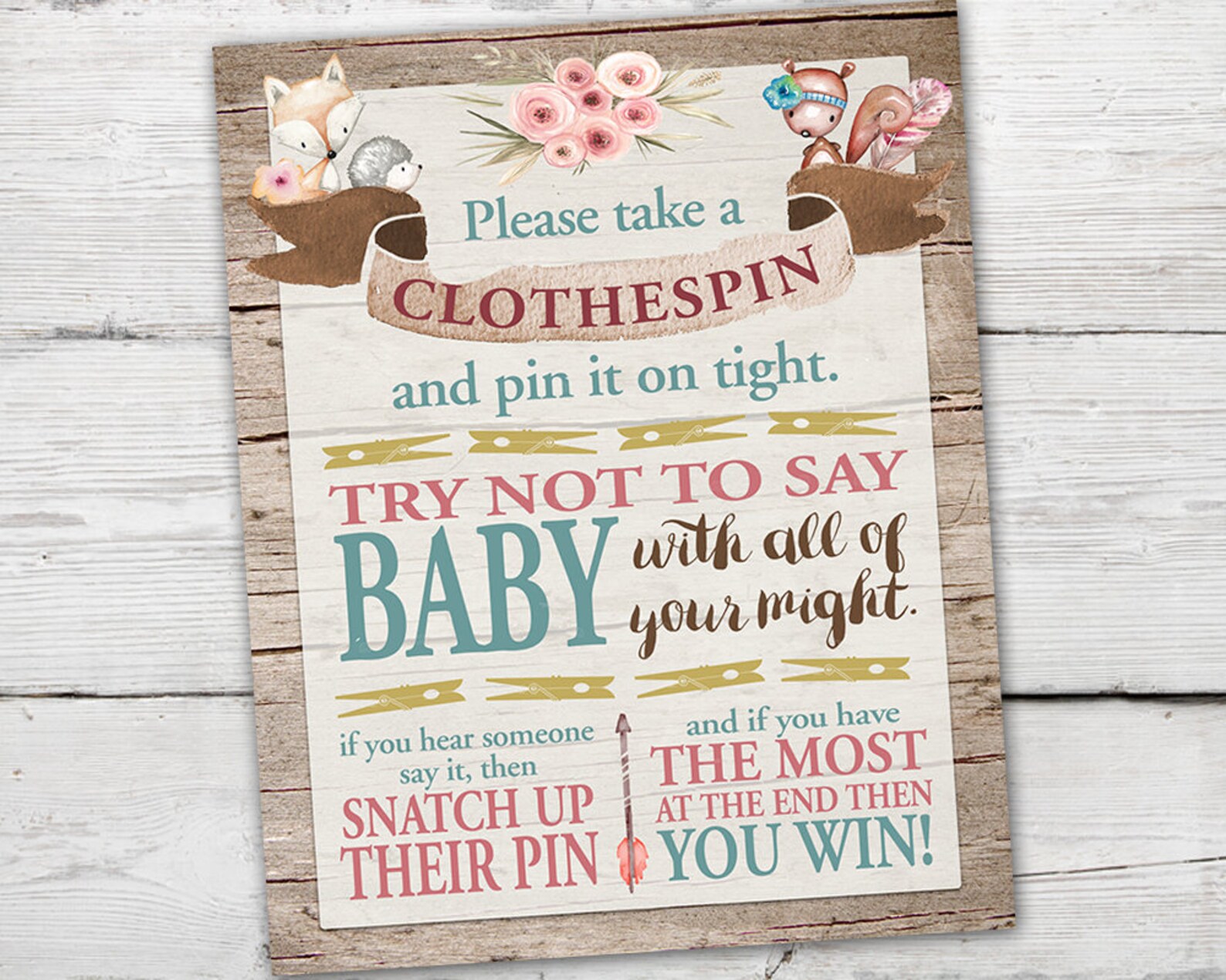 Clothespin Game Sign Clothespin Game Woodland Baby Shower - Etsy