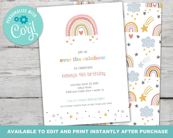Modern Rainbow Birthday Invitation Set for a Pastel Boho Rainbow ...