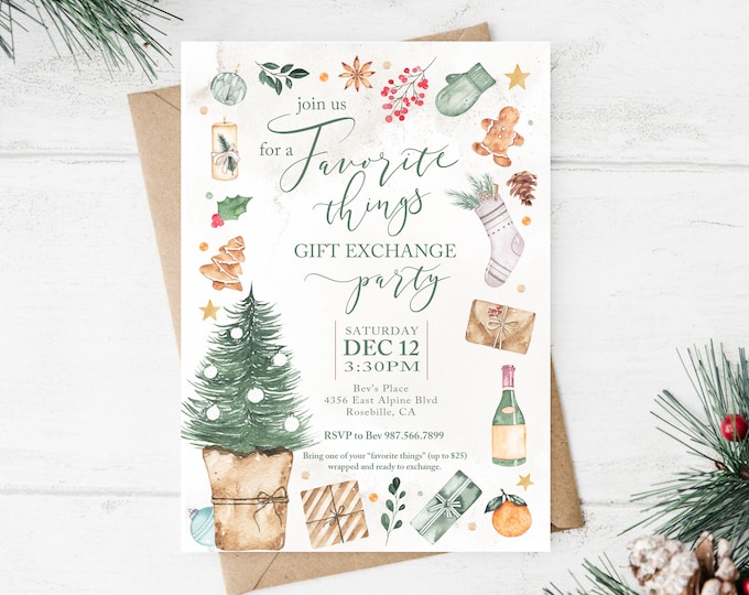 Editable Favorite Things Gift Exchange Party Invitation Template ...