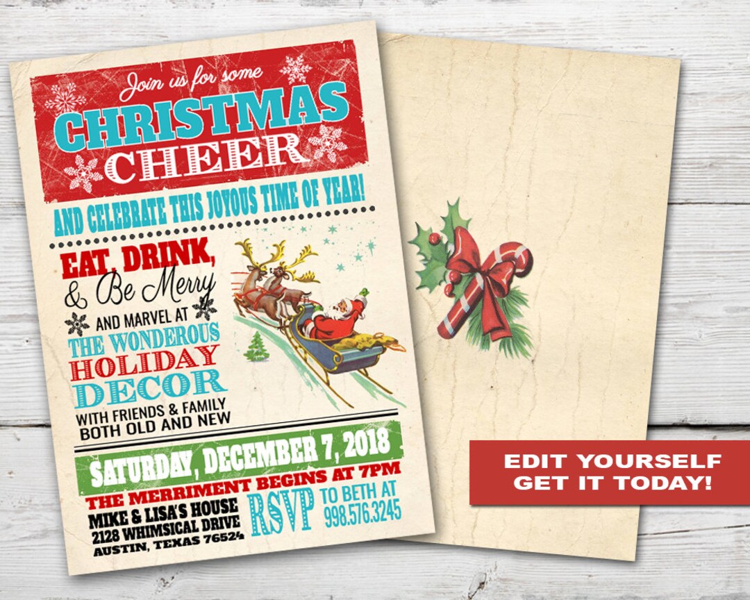 Vintage Christmas Cheer Invitation, Christmas Invitation Template ...