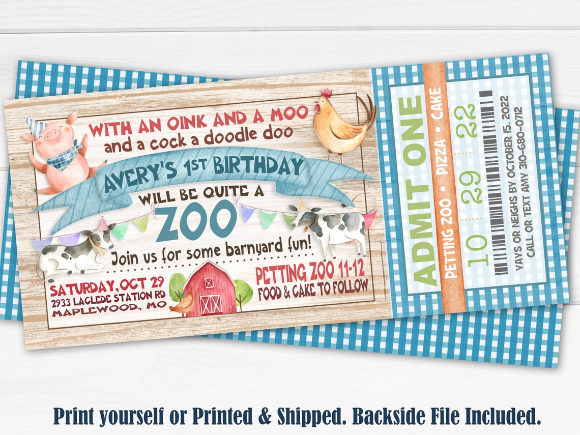 Farm Animals Birthday Invitation Ticket Design Petting Zoo - Etsy