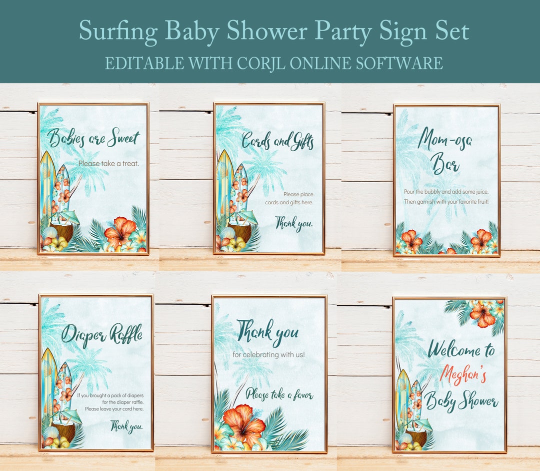 Surfing Baby Shower Party Sign Set DIY PRINTABLE, Baby on Board Baby ...
