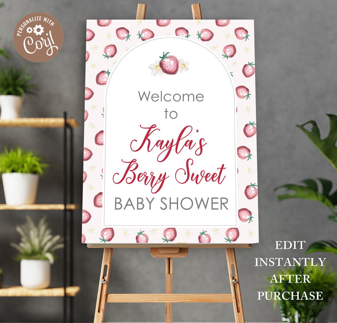 Editable Berry Sweet Baby on the Way Shower Party Poster, Strawberry ...