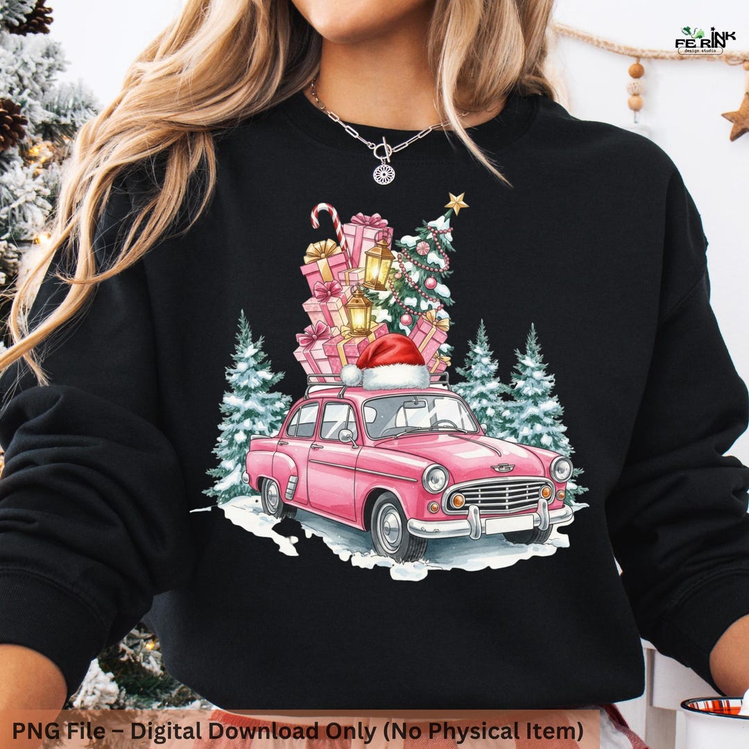 Vintage Pink Christmas Car PNG: Retro Xmas Clipart (digital Download ...
