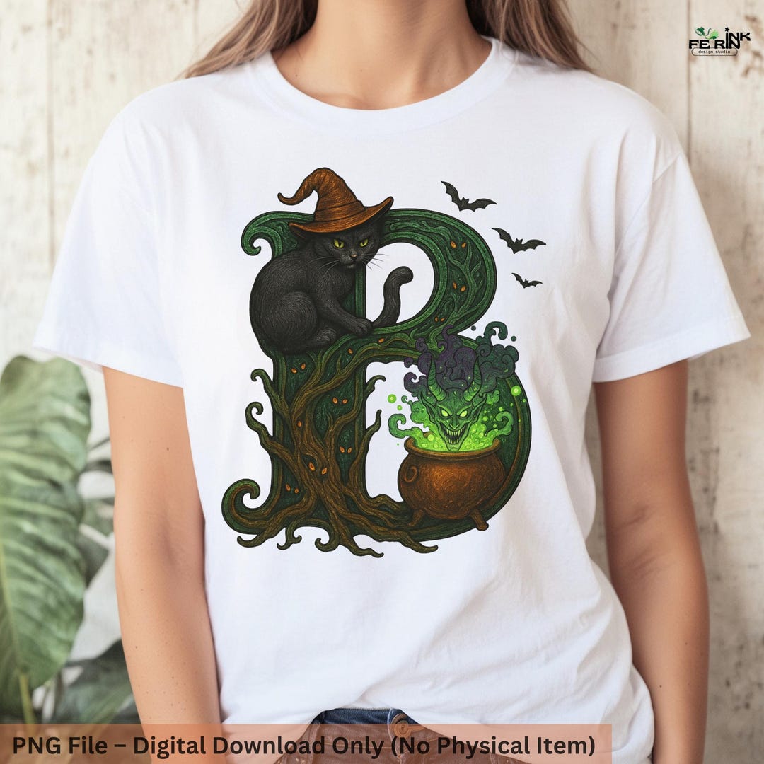 Halloween Font Letter B, Black Cat Witch Cauldron, Spooky Alphabet ...