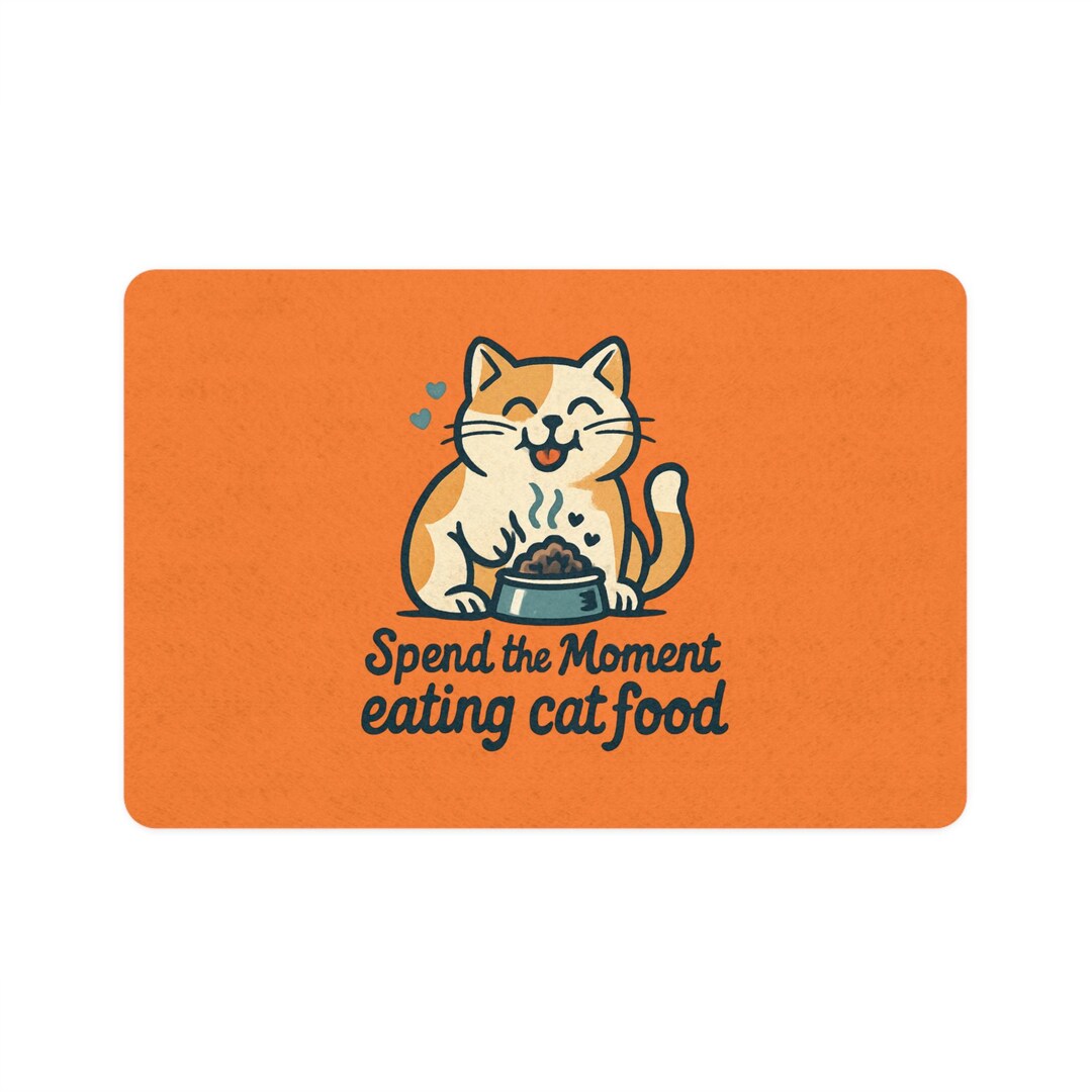 Happy Cat Eating Illustration Pet Food Mat | 12x18 Cat Feeding Placemat ...