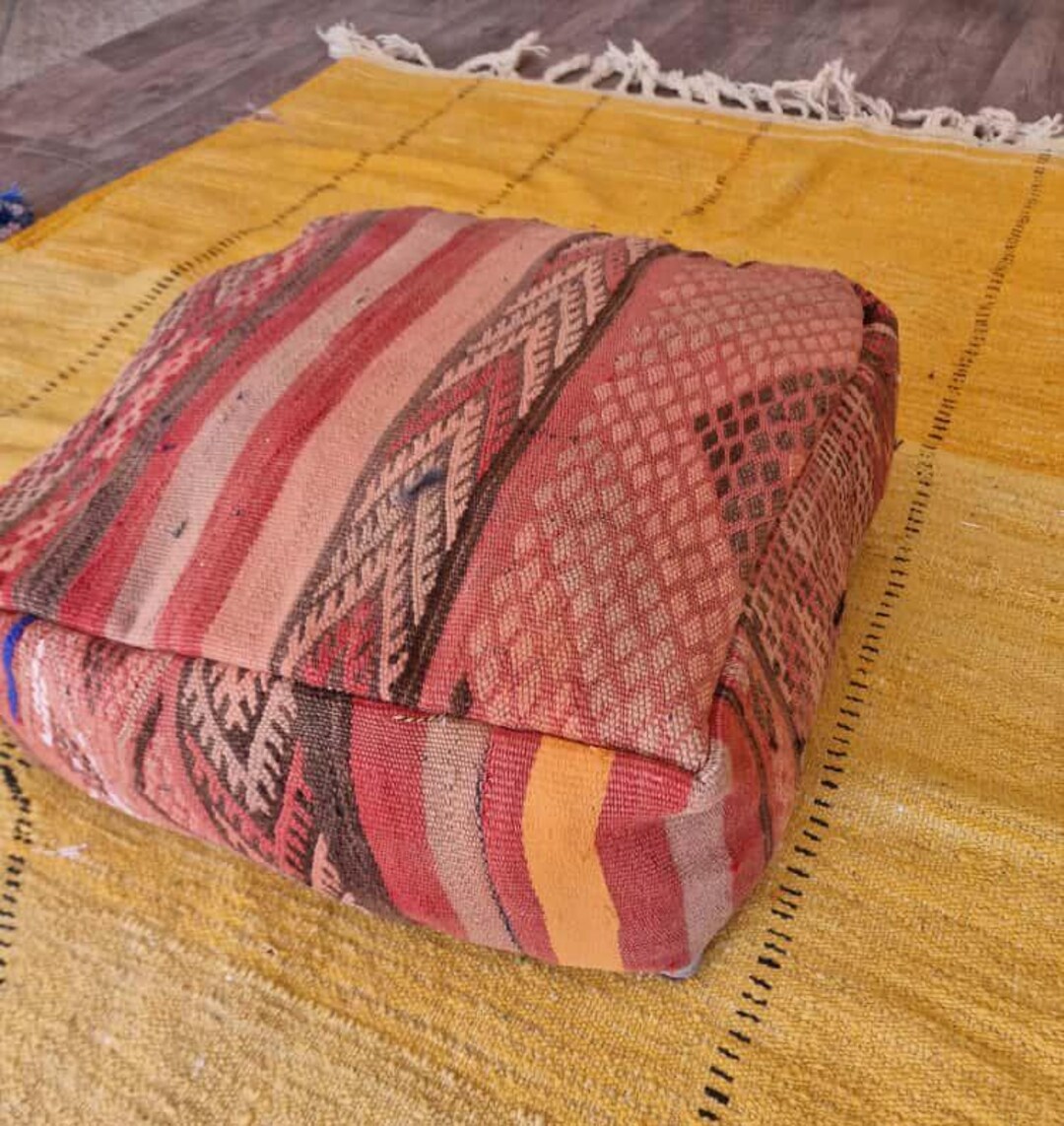 Vintage Moroccan Kilim Pouf - Multi Color Beni Ourain Square Ottoman ...