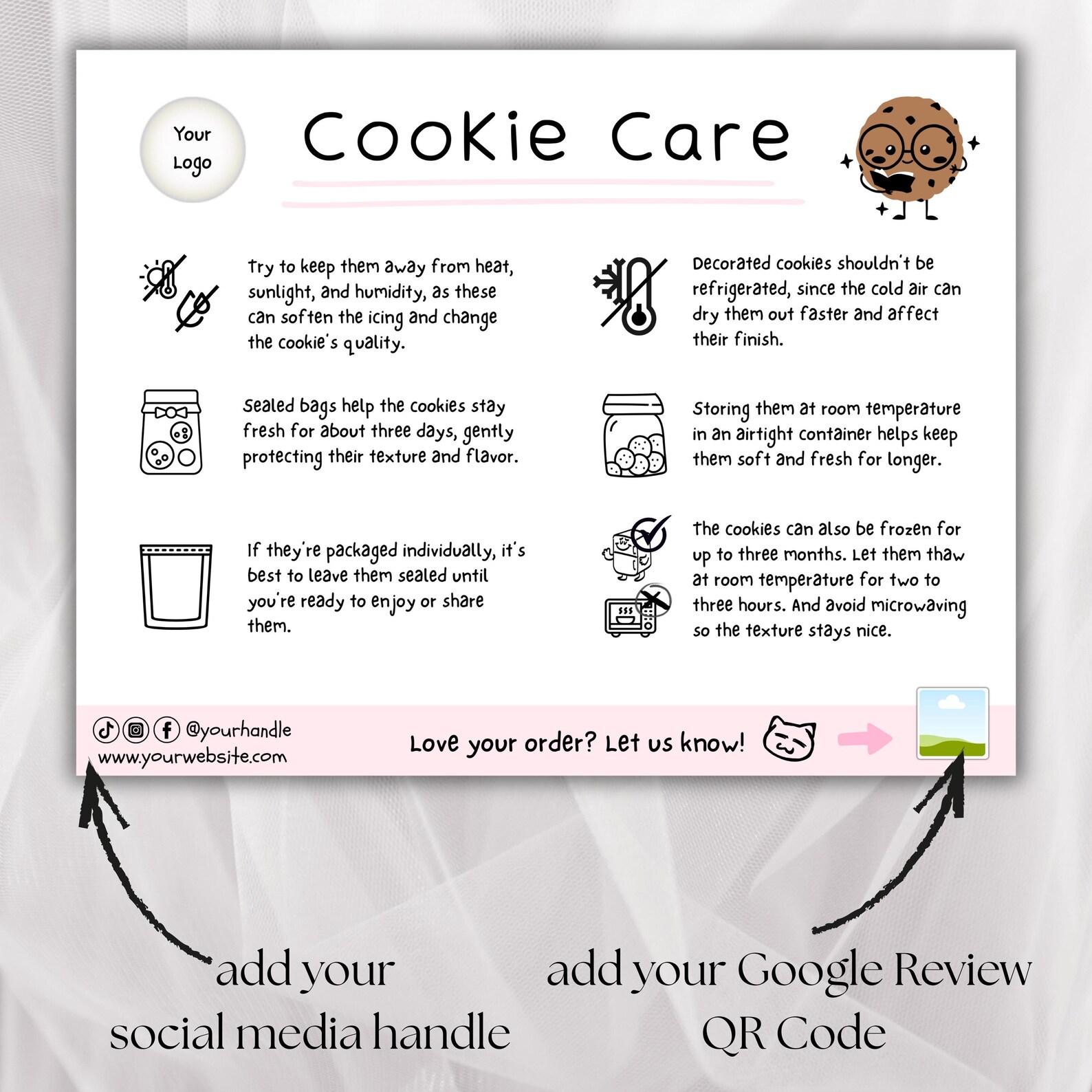 Cookie Care Card Template With QR Code, Printable Cookie Instructions ...