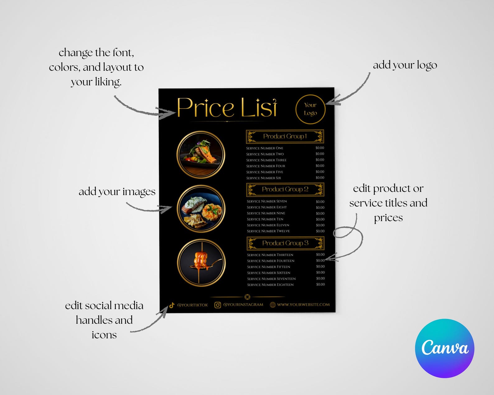 Price List Template, Dark / Black Pricing Guide Sign for Canva ...