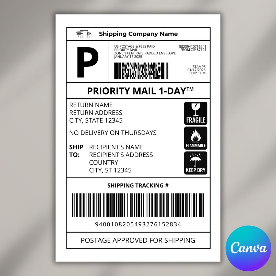 Shipping Label Template, Editable Mail Label, Printable Gift Box Label ...