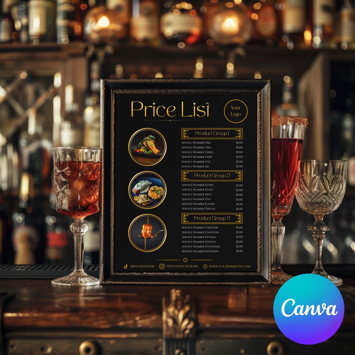Price List Template, Dark / Black Pricing Guide Sign for Canva ...