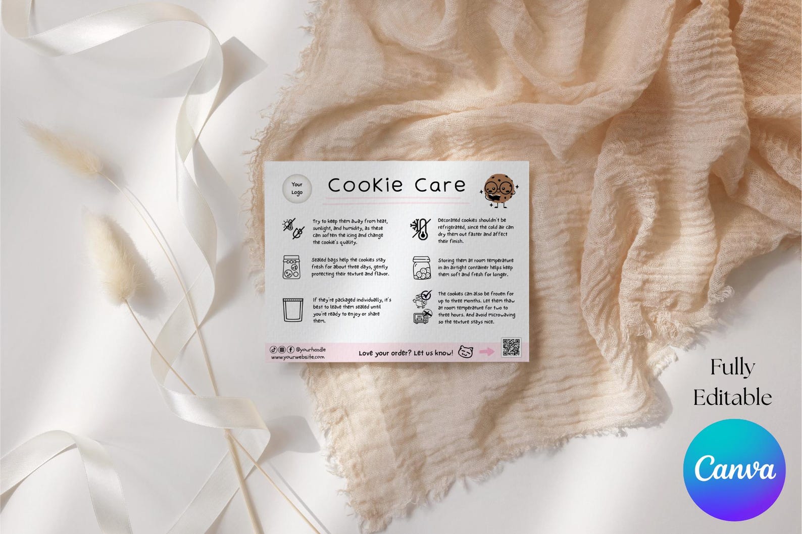 Cookie Care Card Template With QR Code, Printable Cookie Instructions ...