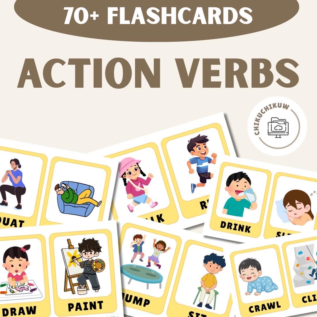 80 Action Verb Flashcards | ESL Learning for Toddlers (digital Download ...