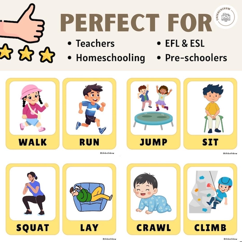80 Action Verb Flashcards | ESL Learning for Toddlers (digital Download ...