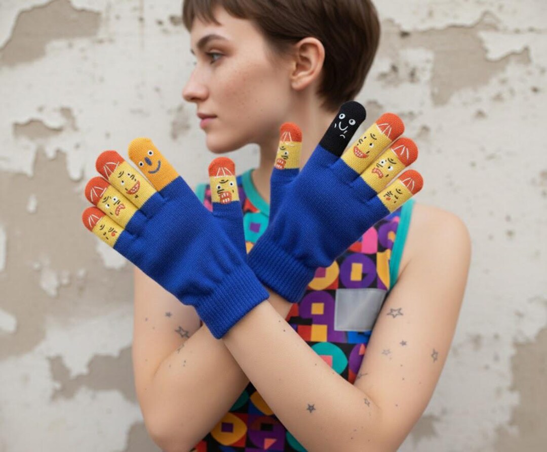 Funny Emoji Finger Tip Gloves Street Art Warm Winter Accessory Knit ...