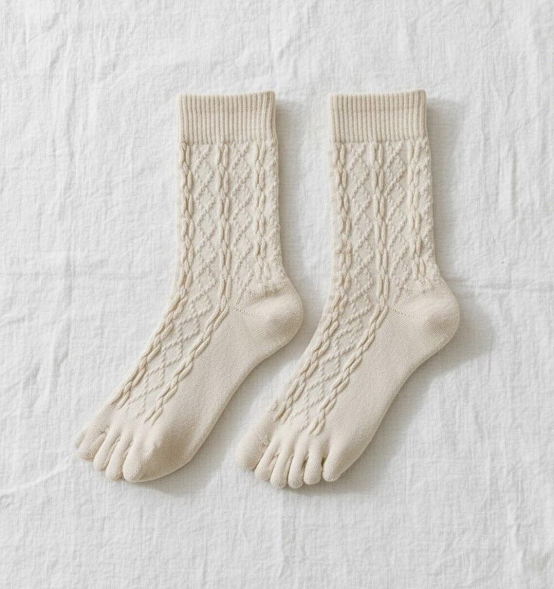 Cream White Cable Knit Five Toe Socks Wool Blend Cozy Winter Thermal ...