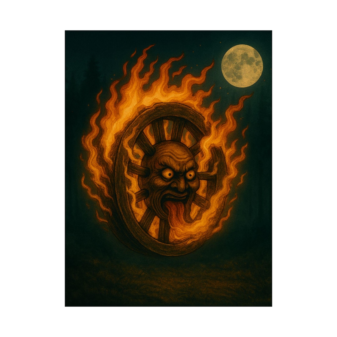 Wanyudo Poster, Japanese Yokai Art, Flaming Wheel Spirit, Mythical ...