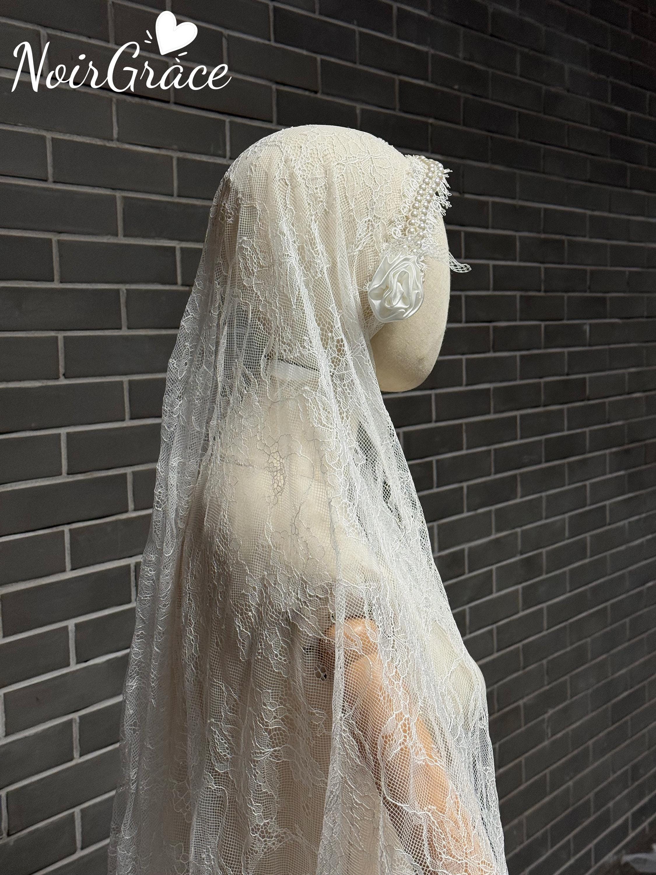 Rose Juliet Cap Veil, Full Lace Wedding Veil With Pearl Forehead Band ...