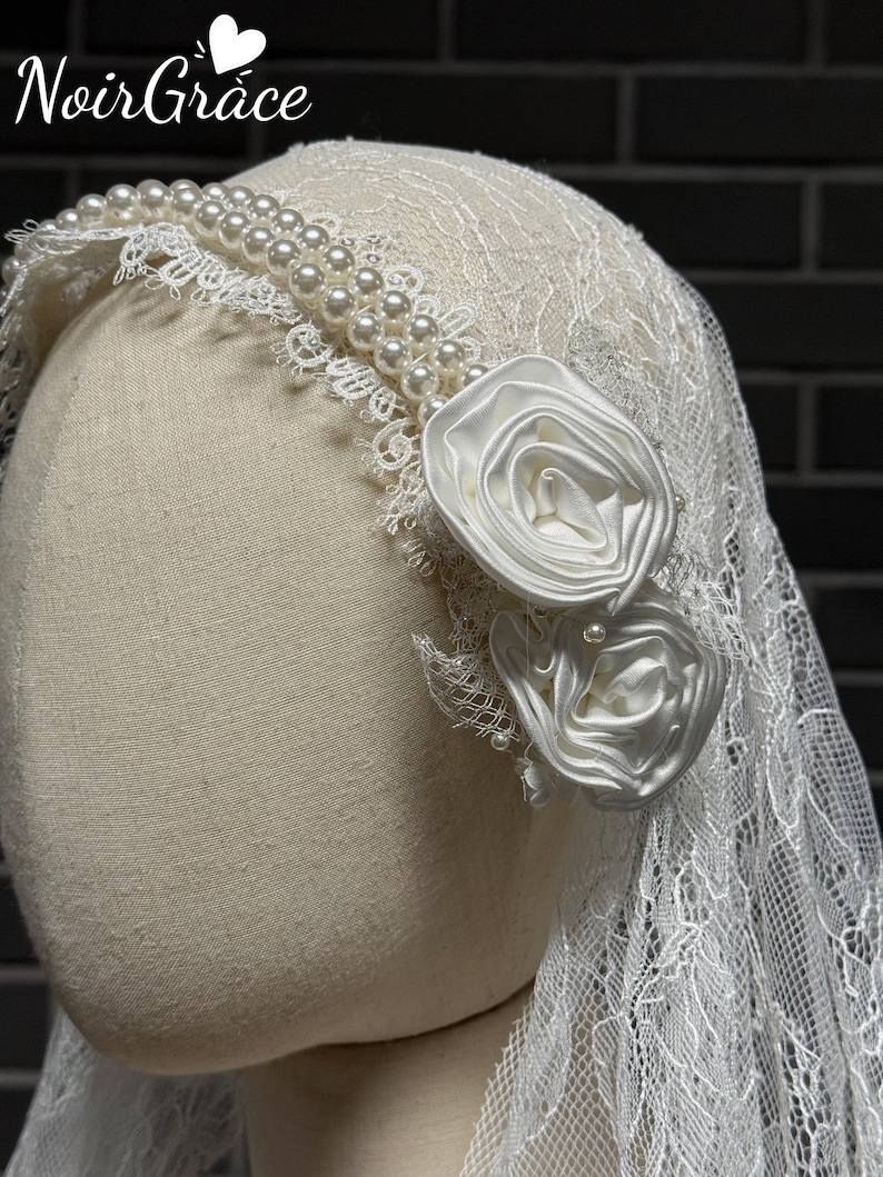 Rose Juliet Cap Veil, Full Lace Wedding Veil With Pearl Forehead Band ...