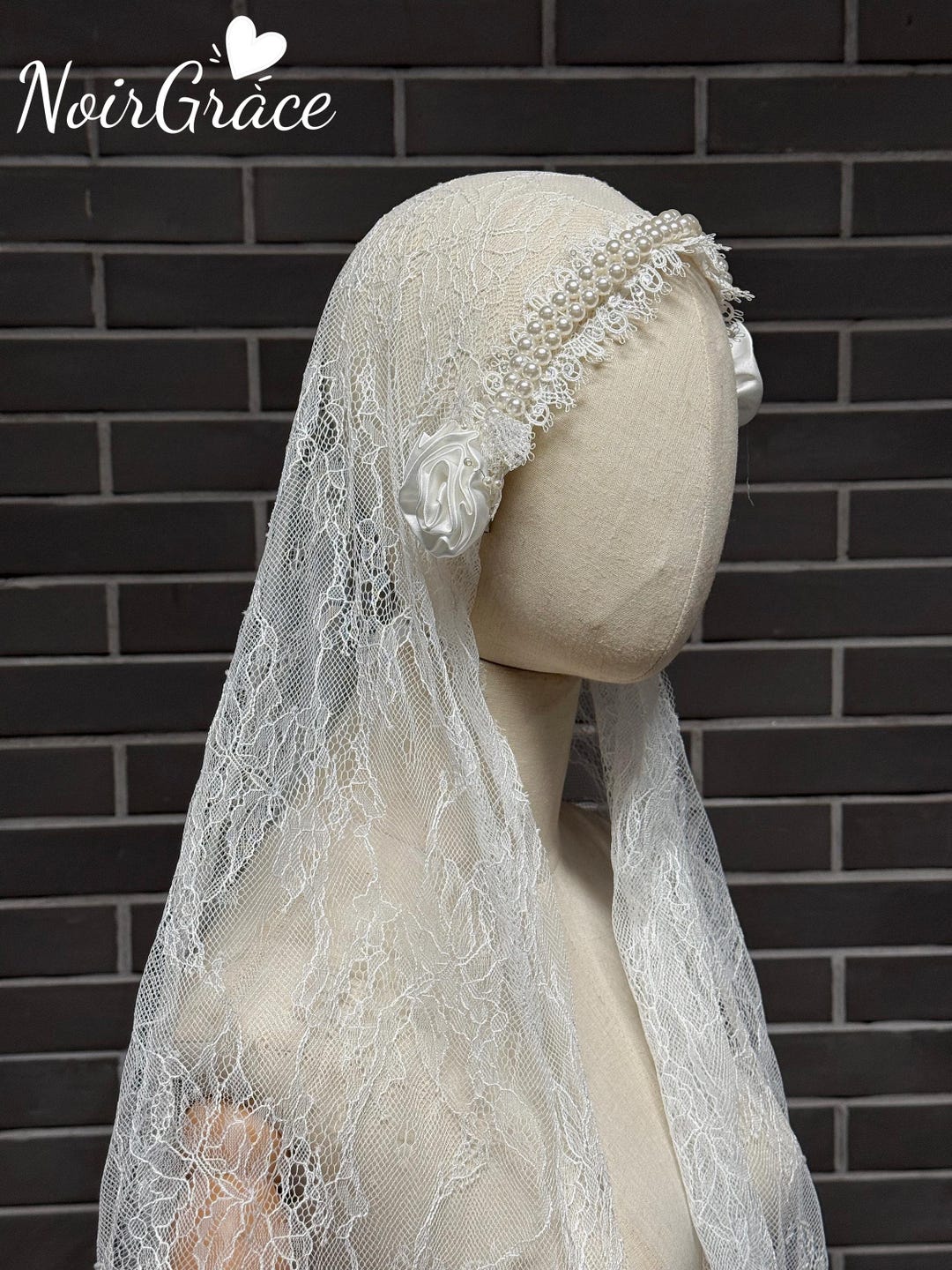 Rose Juliet Cap Veil, Full Lace Wedding Veil With Pearl Forehead Band ...