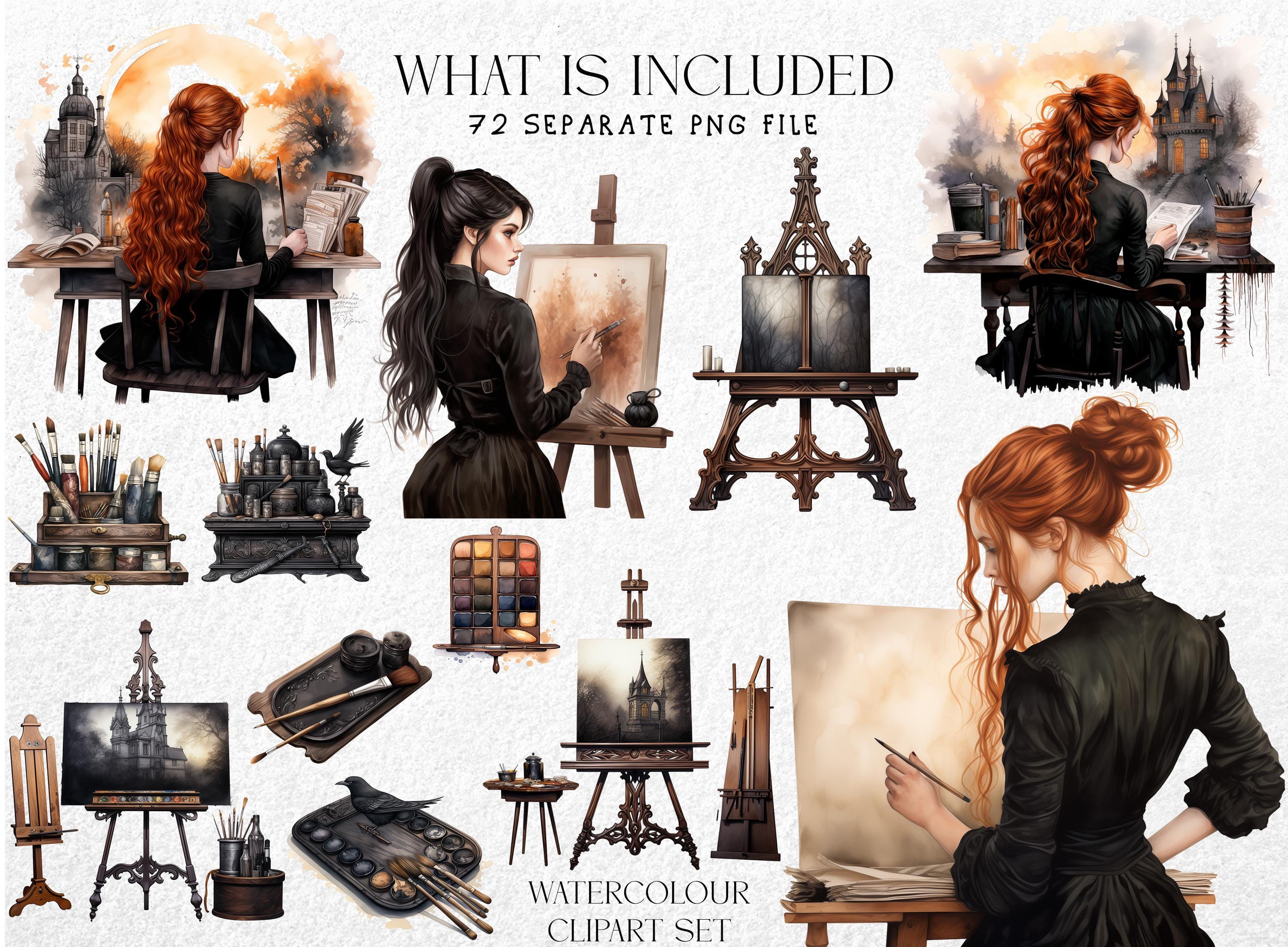 Dark Academia Watercolor Clipart Bundle: Gothic Instruments, (digital ...