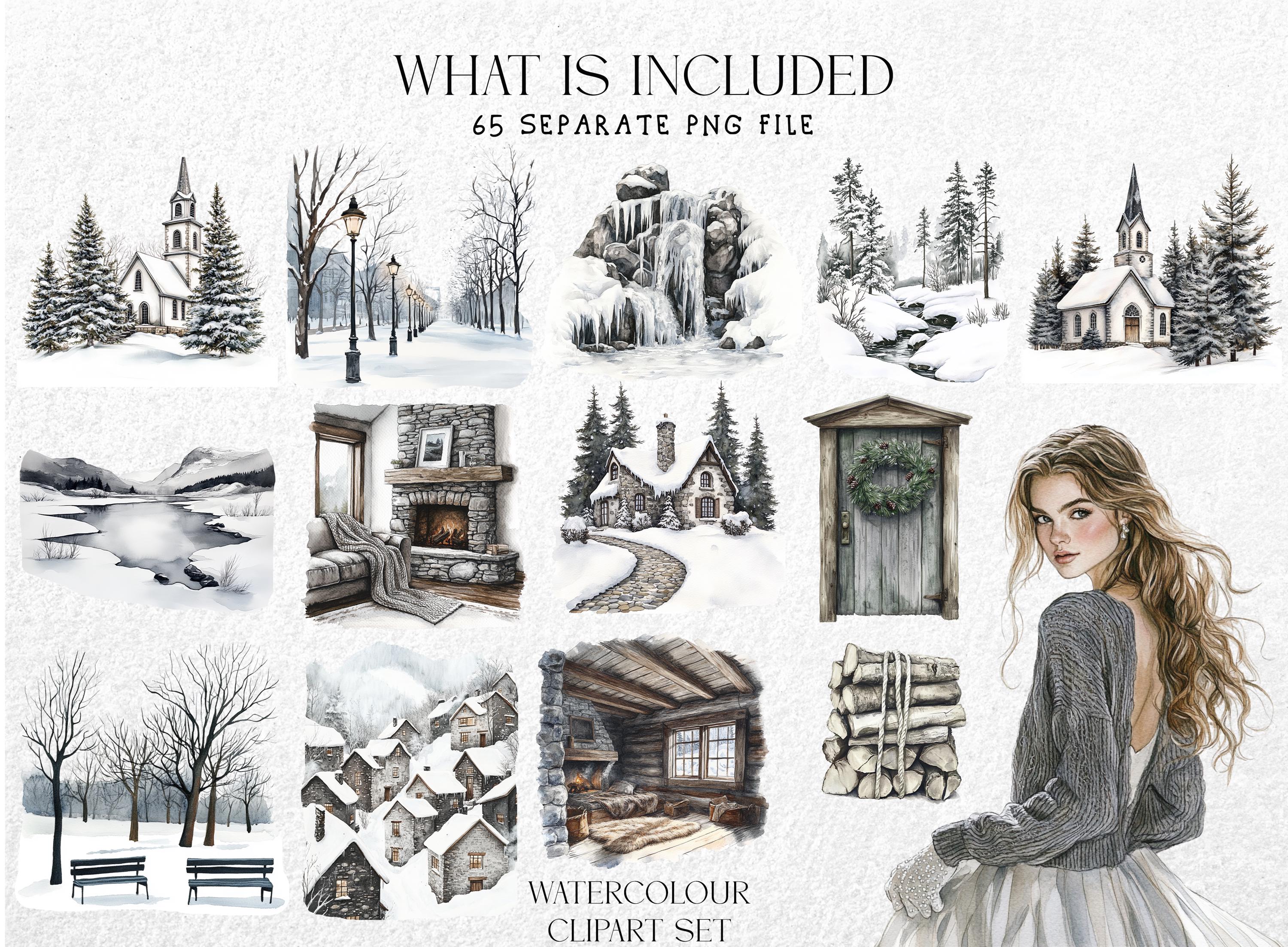 Snowy Winter Watercolor Clipart Set – Cozy Girls, Snowy Cabin, Fox ...
