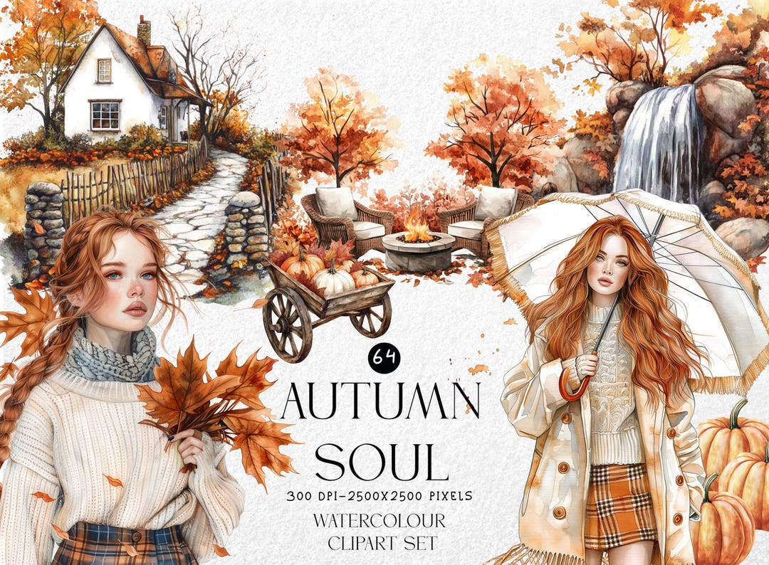Autumn Soul Watercolor Clipart Bundle – Fall Pumpkins, Cozy Autumn ...