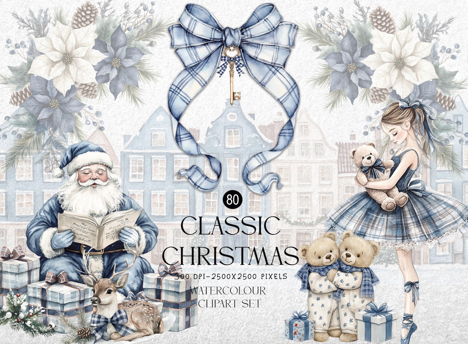 Classic Christmas Watercolor Clipart Set – Blue Santa, Toys, Gifts ...