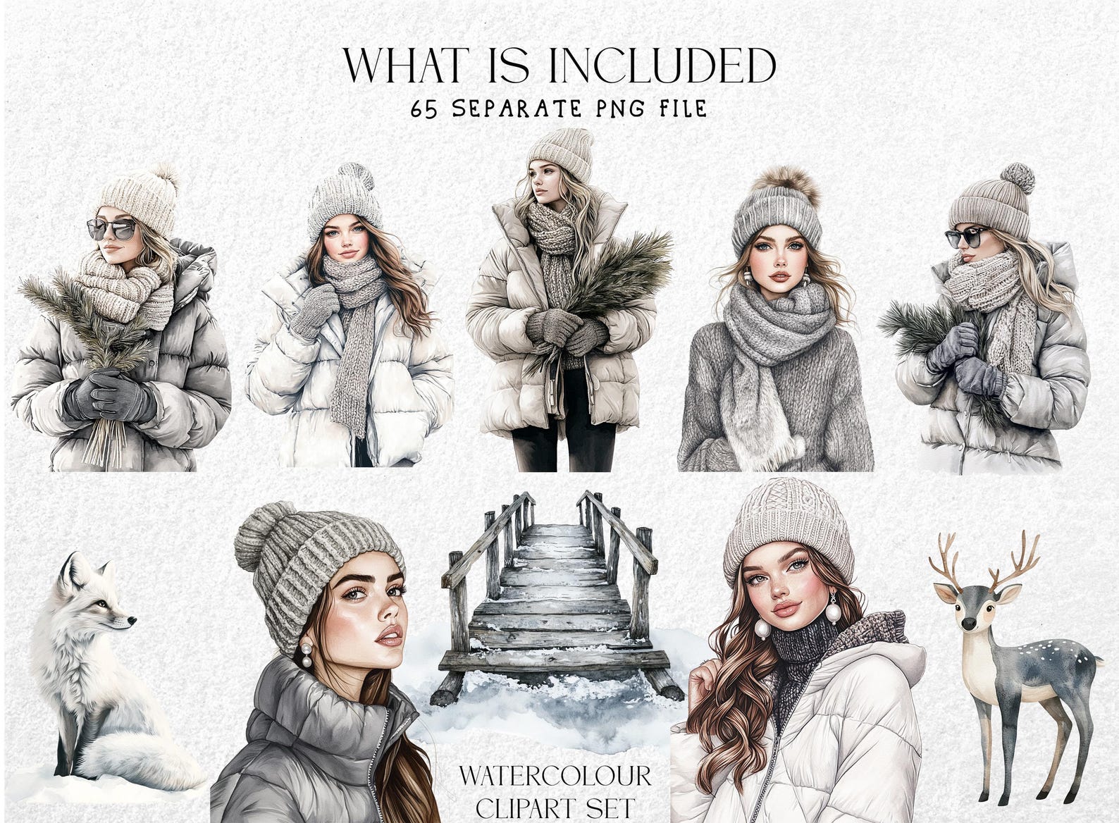 Snowy Winter Watercolor Clipart Set – Cozy Girls, Snowy Cabin, Fox ...