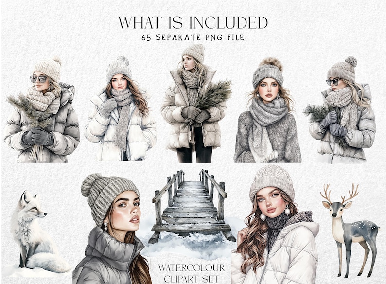 Snowy Winter Watercolor Clipart Set – Cozy Girls, Snowy Cabin, Fox ...