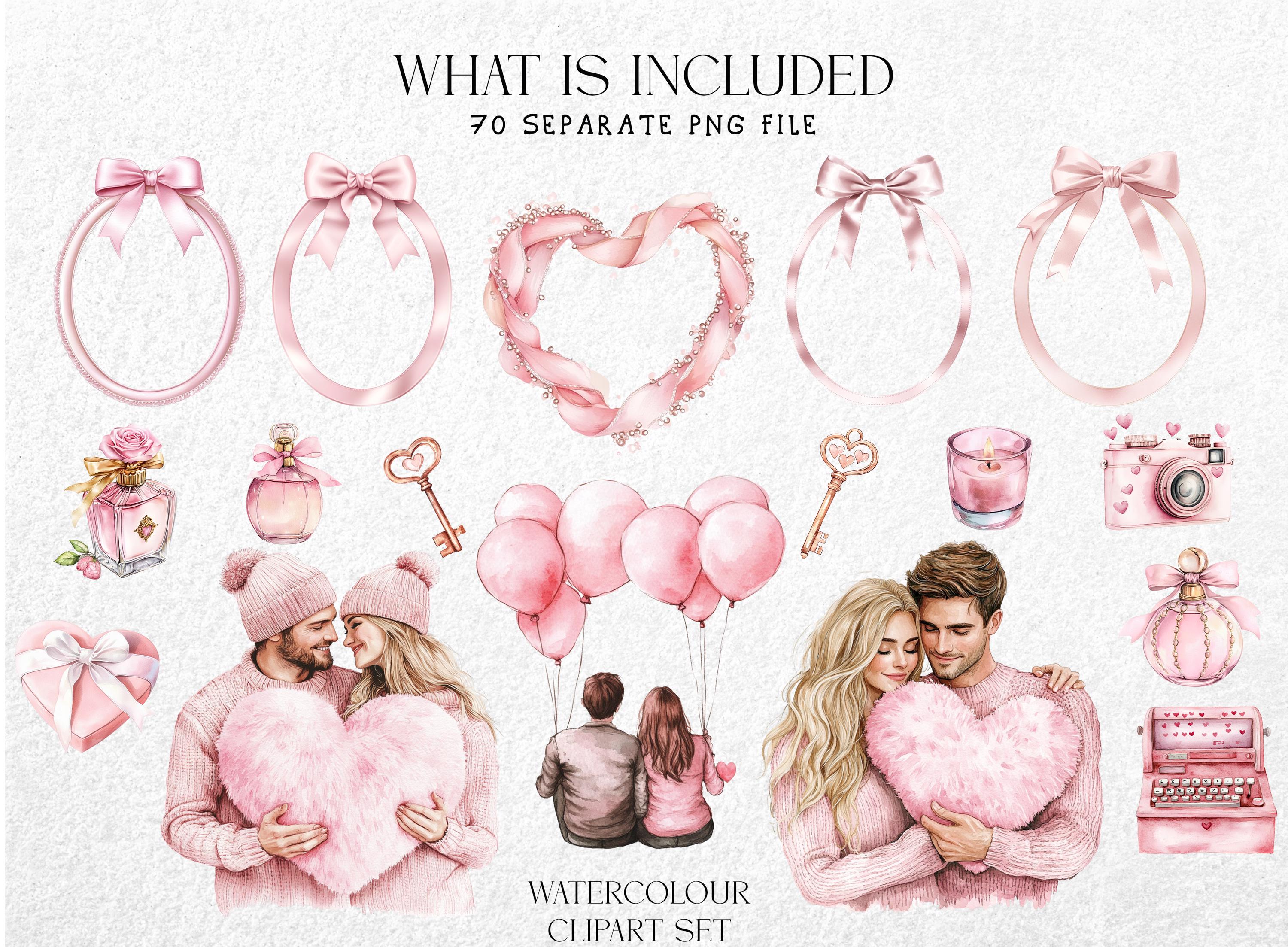 Valentine Cafe Watercolor Clipart, Pink Romantic PNG Set - Etsy