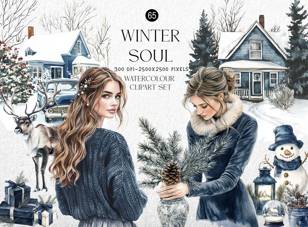 Winter Soul Watercolor Clipart Set – Cozy Girls, Snowy Houses, Deer ...