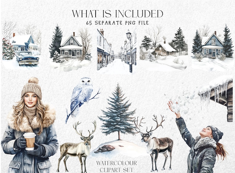 Winter Soul Watercolor Clipart Set – Cozy Girls, Snowy Houses, Deer ...