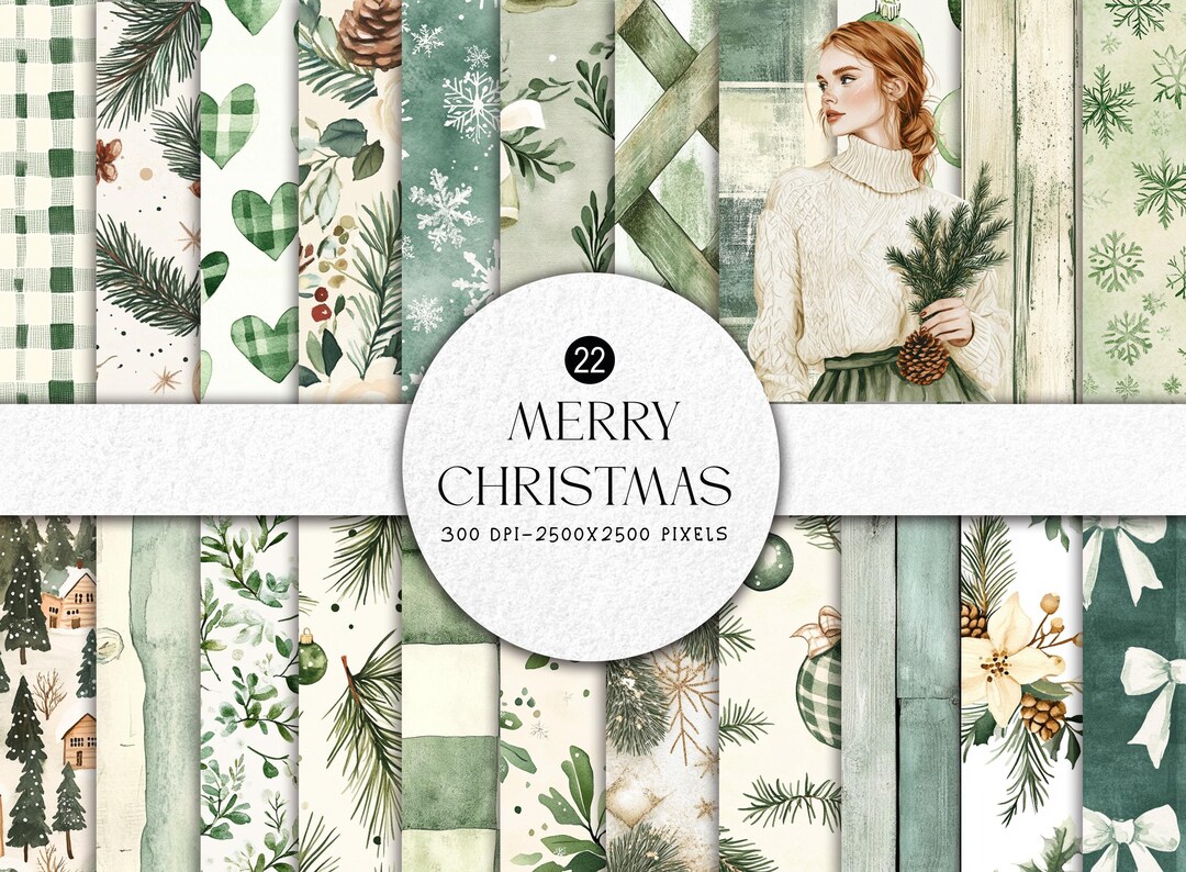 Merry Christmas Digital Papers, Green Holiday Backgrounds - Etsy