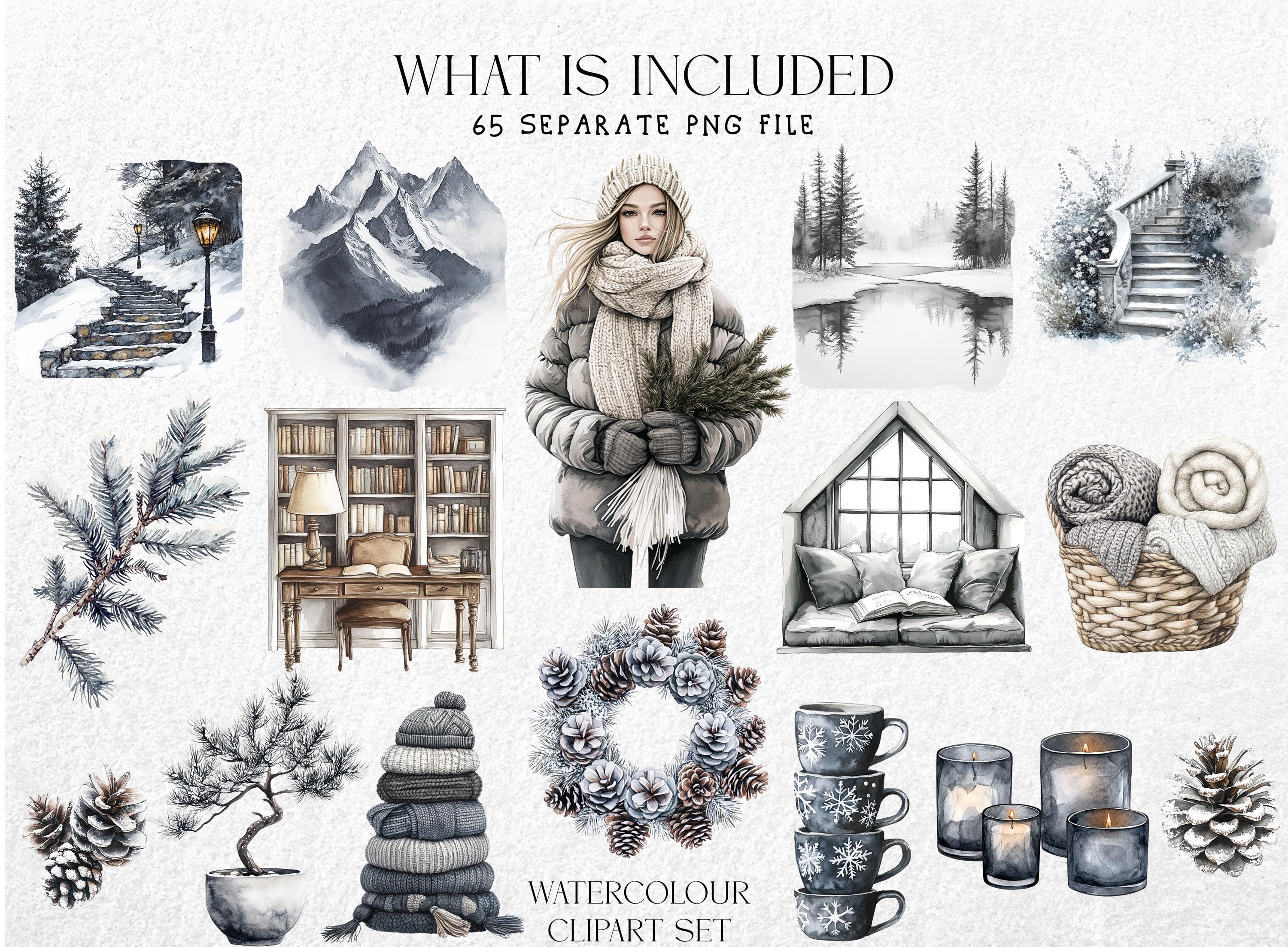 Snowy Winter Watercolor Clipart Set – Cozy Girls, Snowy Cabin, Fox ...