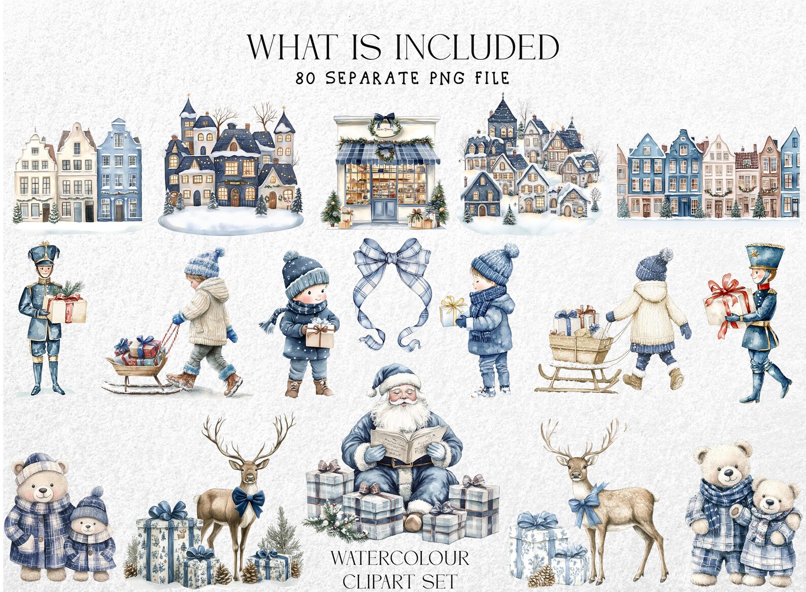 Classic Christmas Watercolor Clipart Set – Blue Santa, Toys, Gifts ...