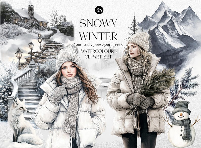 Snowy Winter Watercolor Clipart Set – Cozy Girls, Snowy Cabin, Fox ...