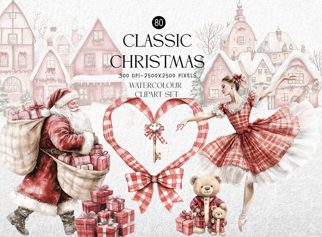 Classic Christmas Watercolor Clipart Set – Red Santa, Ballerina, Gifts ...