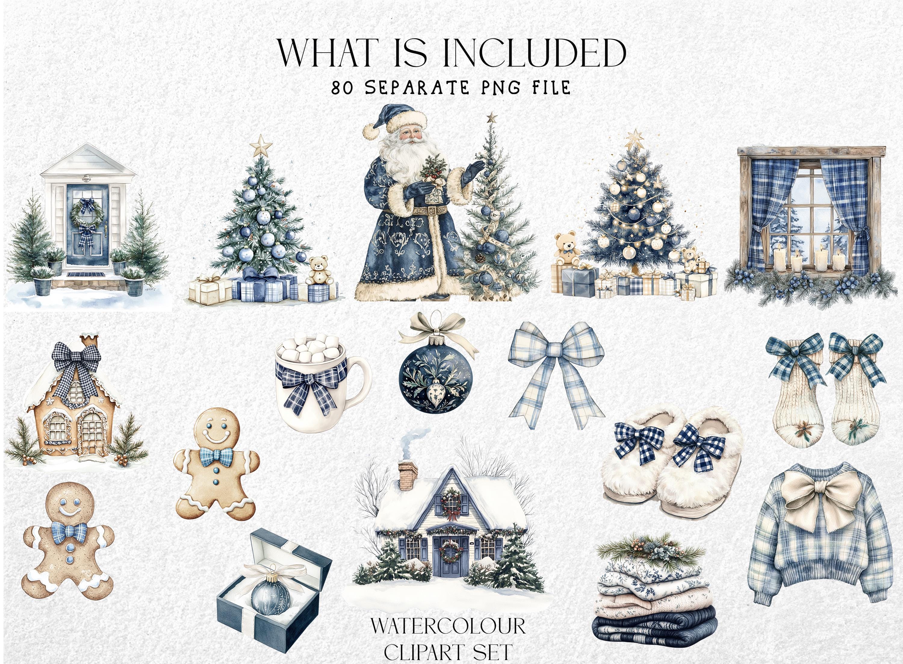 Classic Christmas Watercolor Clipart Set – Blue Santa, Toys, Gifts ...