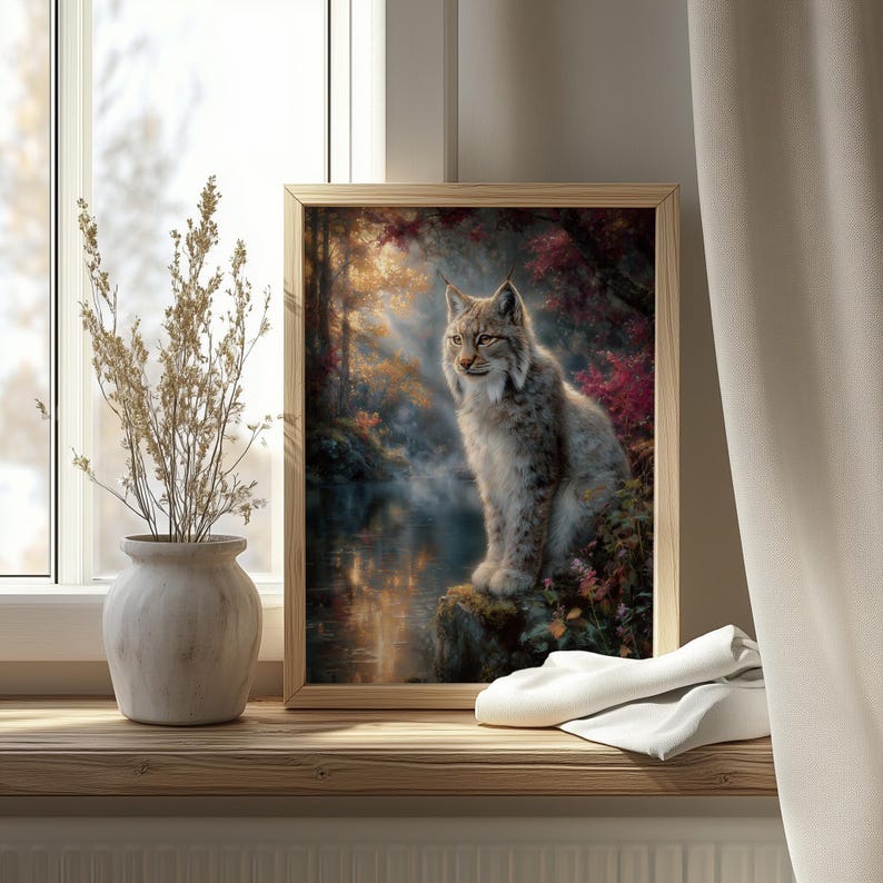 Moody Lynx in Autumn Woodland Print, Printable Wildlife Art, Serene ...
