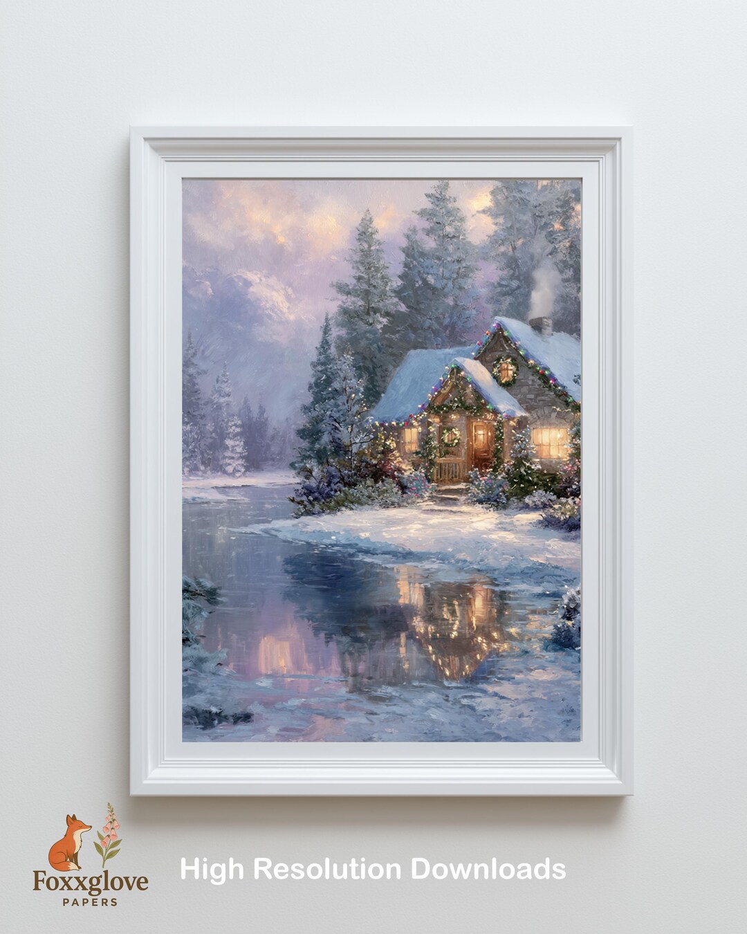 Cozy Winter Cabin by a Frozen Lake Painting - Rustic Holiday Decor ...