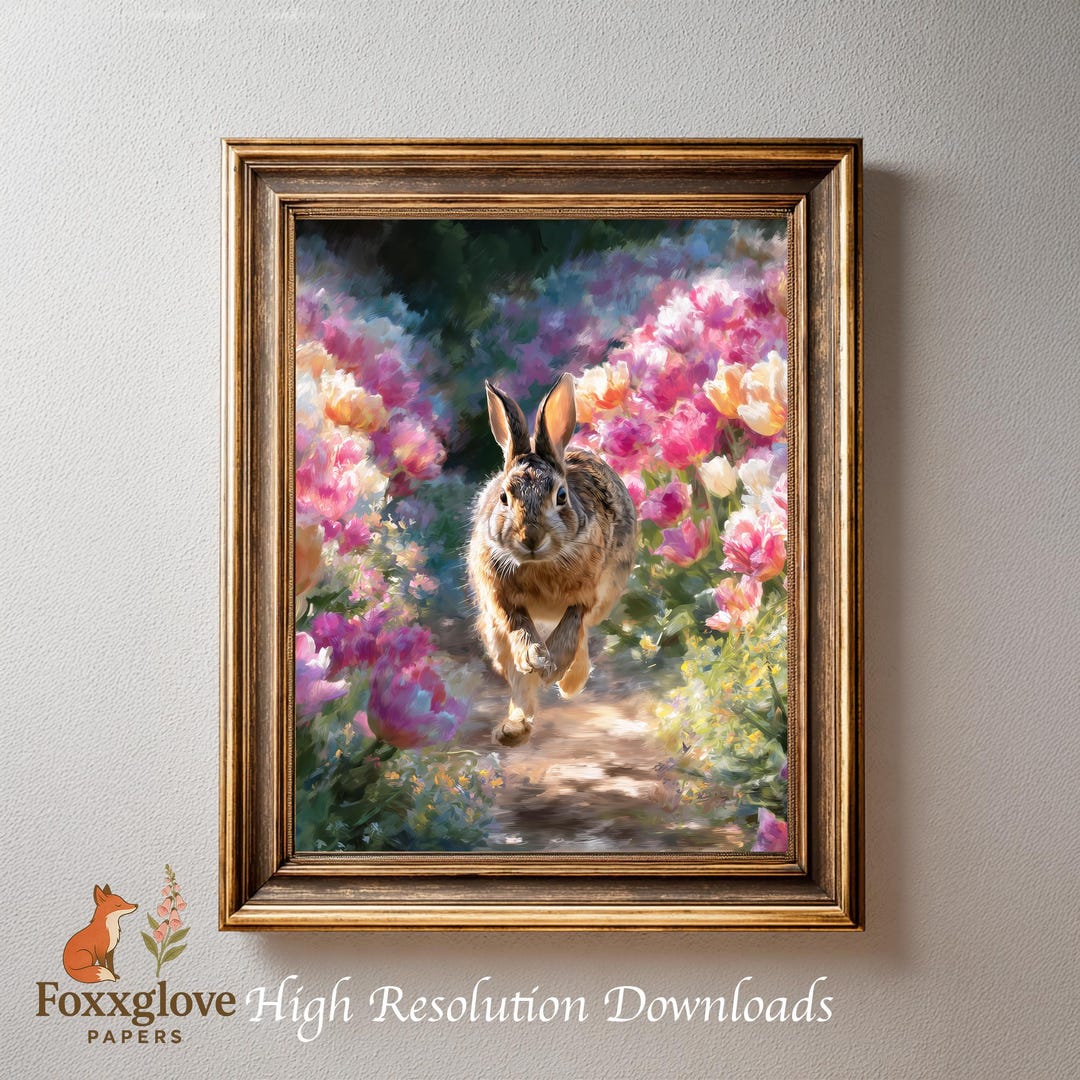 Spring Brown Hare Leaping Through Pastel Tulip Garden - Painterly ...