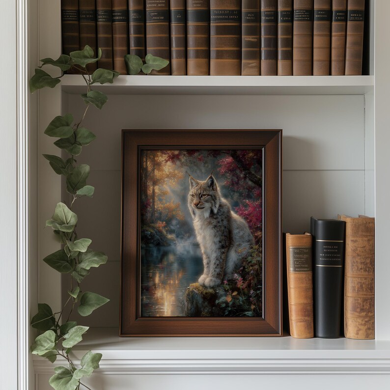 Moody Lynx in Autumn Woodland Print, Printable Wildlife Art, Serene ...