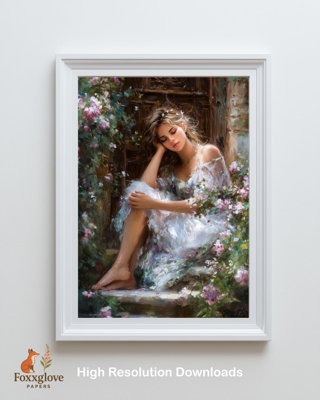 Vintage Cottagecore Serene Woman Painting, Flowing Dress & Lush ...