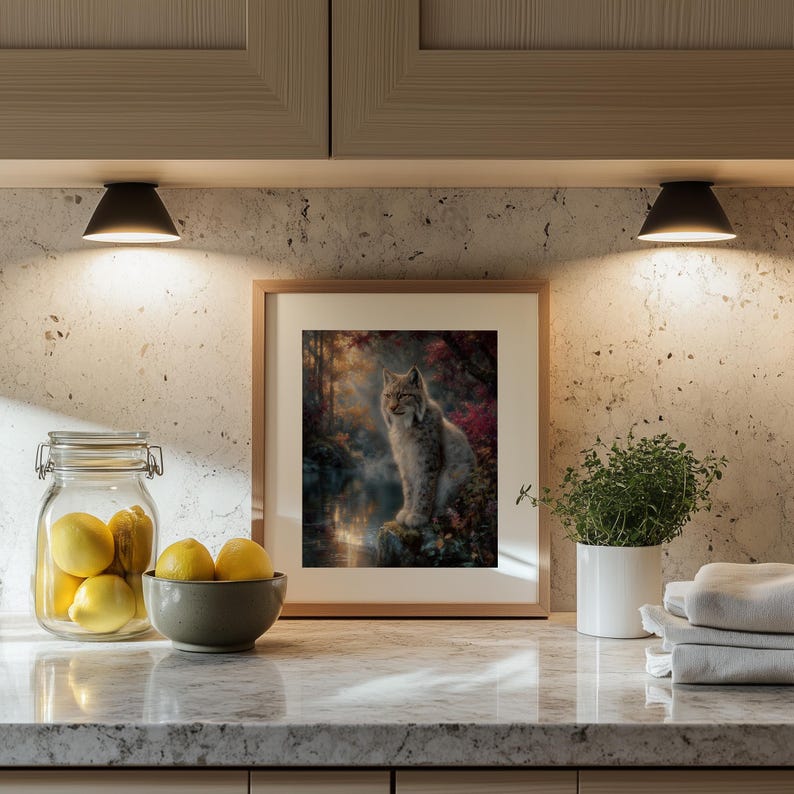 Moody Lynx in Autumn Woodland Print, Printable Wildlife Art, Serene ...