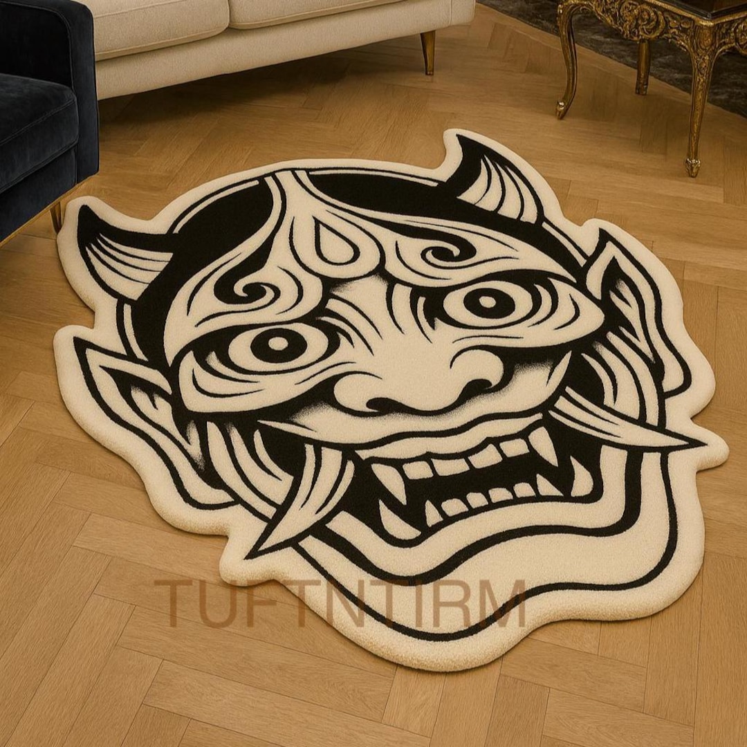 Oni Mask Wool Rug Hand Tufted Irregular Japanese Demon Tattoo Gothic ...