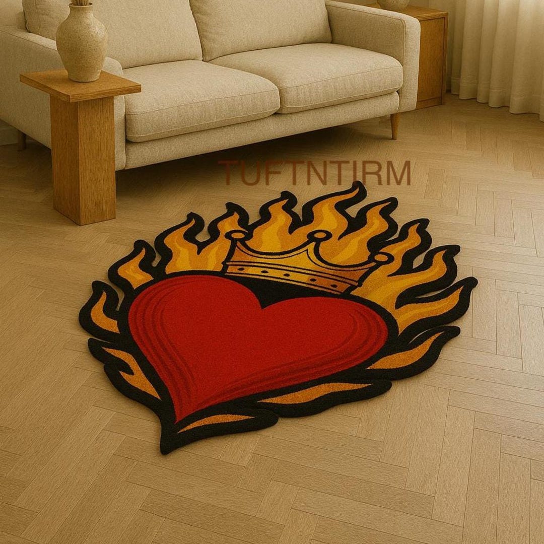 Flaming Heart Wool Rug Hand Tufted Irregular Gothic Spooky Bold ...